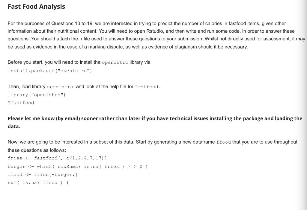 Solved Fast Food Analysis For the purposes of Questions 10 | Chegg.com