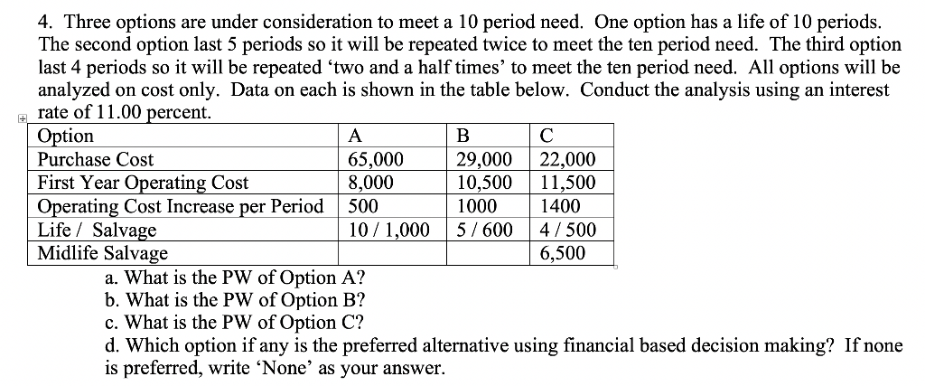 Solved 4. Three options are under consideration to meet a 10 | Chegg.com
