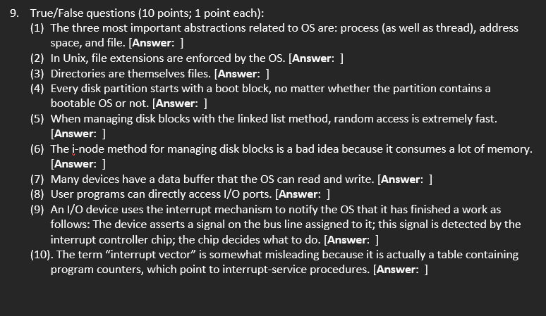 Solved 9. True/False questions (10 points; 1 point each): | Chegg.com