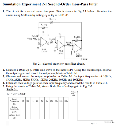 Solved 1. The circuit for a second order low pass filter is | Chegg.com