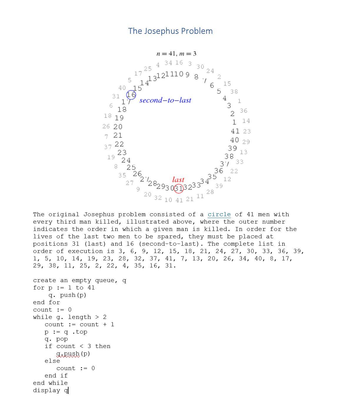 Solved The Josephus Problem n=41. m = 3 34 16 3 4 30 25 24 | Chegg.com