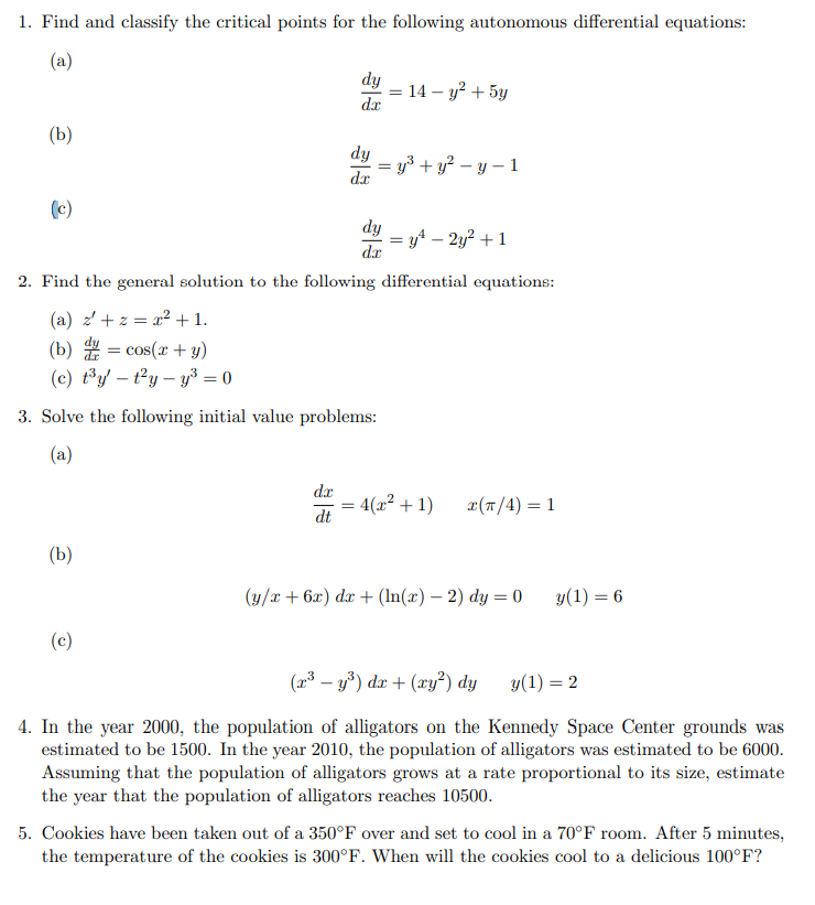 Solved 1. Find and classify the critical points for the | Chegg.com