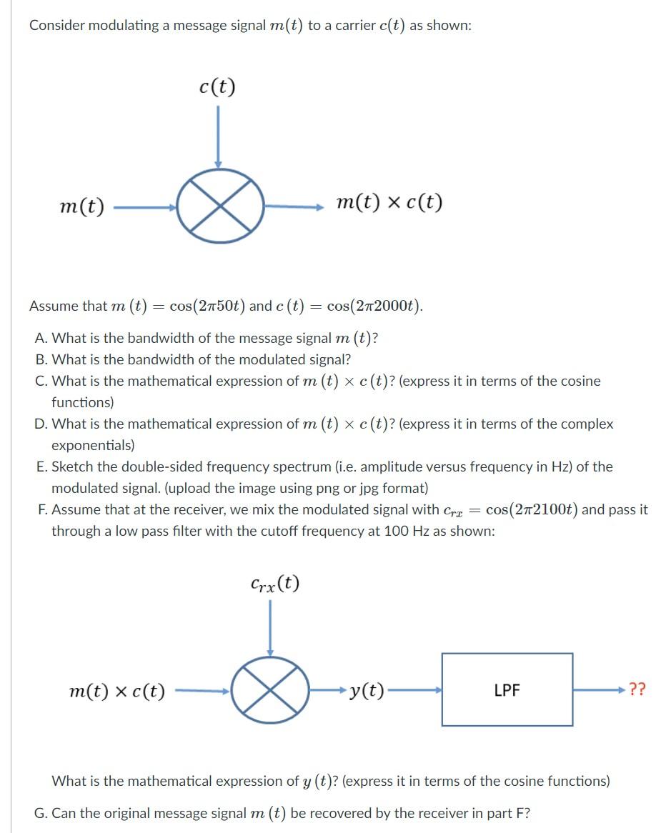 Solved Consider modulating a message signal m(t) to a | Chegg.com