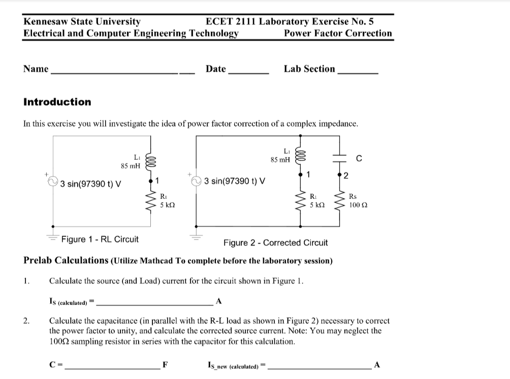 Kennesaw State University ECET 2111 Laboratory | Chegg.com