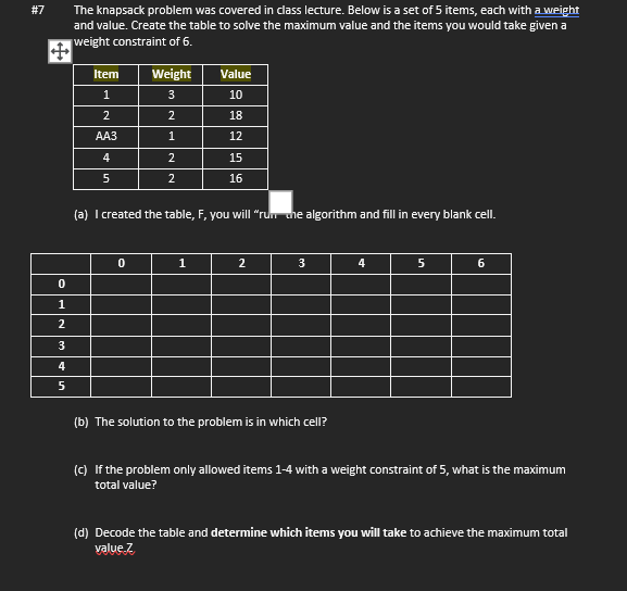 Solved 7 The Knapsack Problem Was Covered In Class Lecture