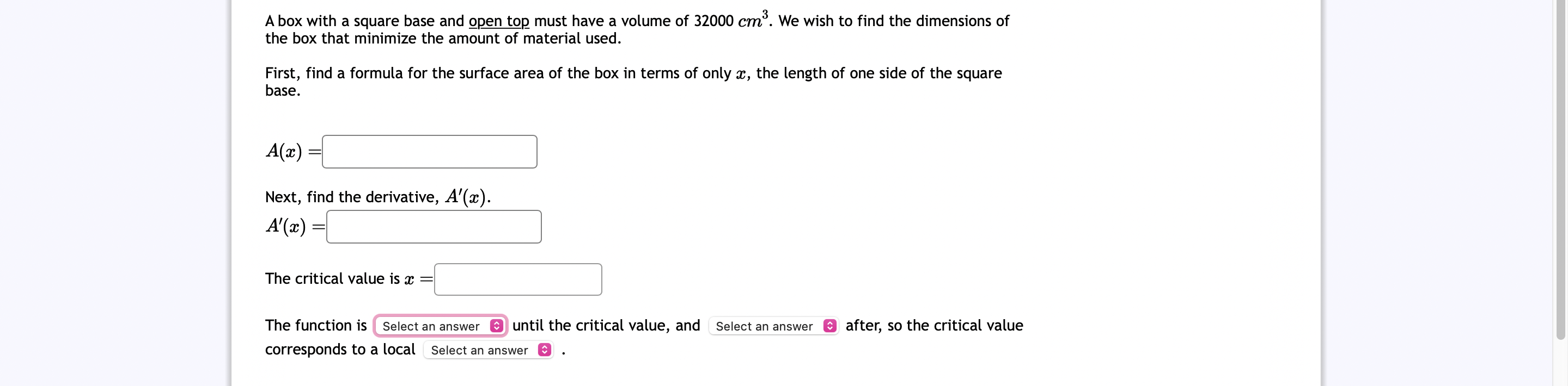 Solved A box with a square base and open top must have a | Chegg.com