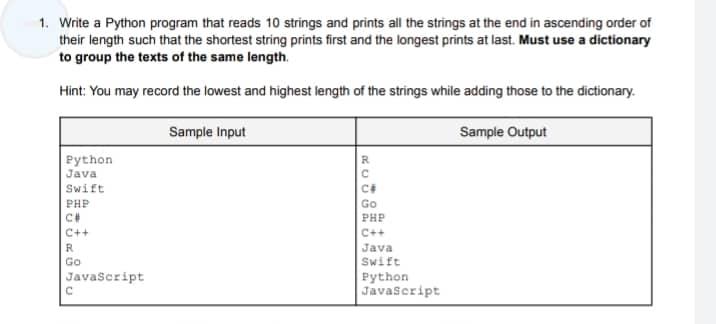 Solved 1. Write a Python program that reads 10 strings and | Chegg.com