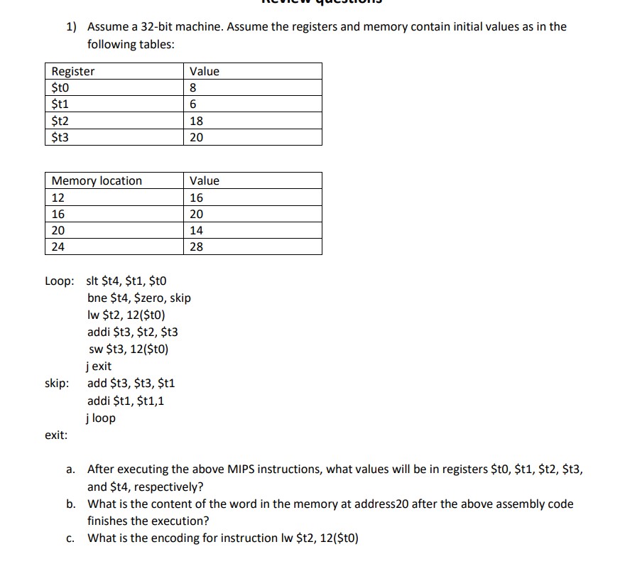 Solved 1) ﻿Assume a 32-bit machine. Assume the registers and | Chegg.com