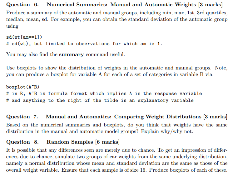 Question 6. Numerical Summaries: Manual and Automatic | Chegg.com