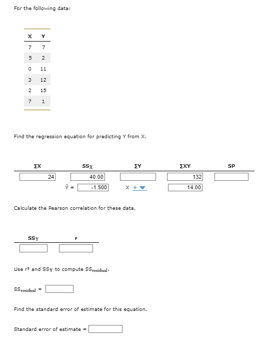 Solved For the following data: Find the regression equation | Chegg.com
