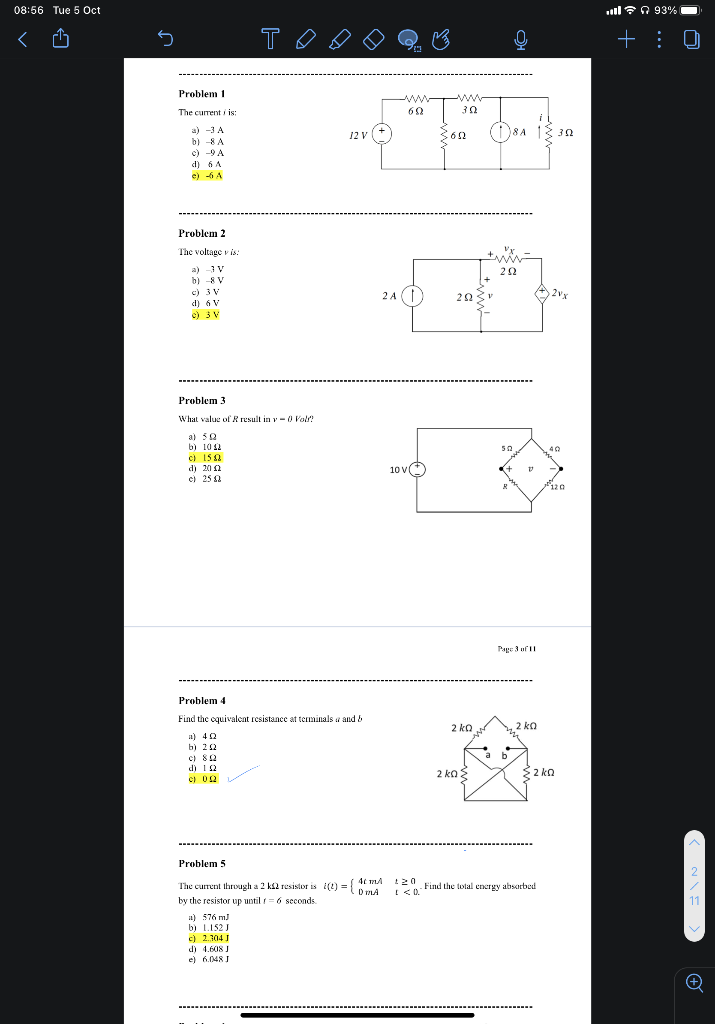 Solved Solve the 5 problems using KCL, KVL, Voltage | Chegg.com