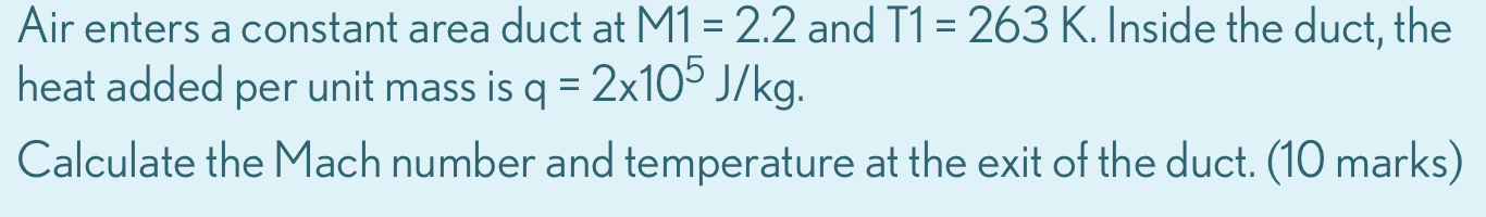 Solved Air enters a constant area duct at M1 = 2.2 and T1 = | Chegg.com