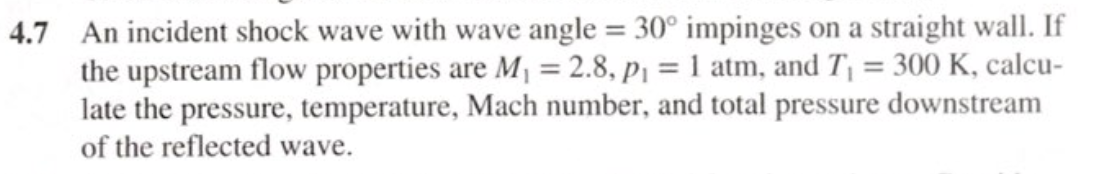 Solved 4.7 An incident shock wave with wave angle = 30° | Chegg.com