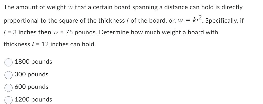 Solved The amount of weight w that a certain board spanning | Chegg.com