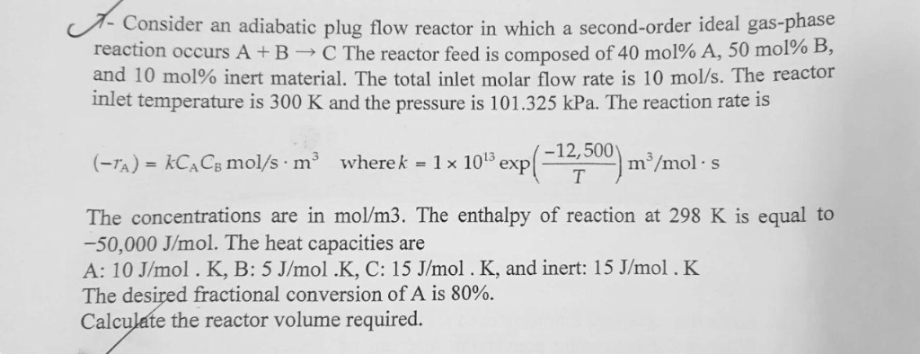 Solved Consider An Adiabatic Plug Flow Reactor In Which A