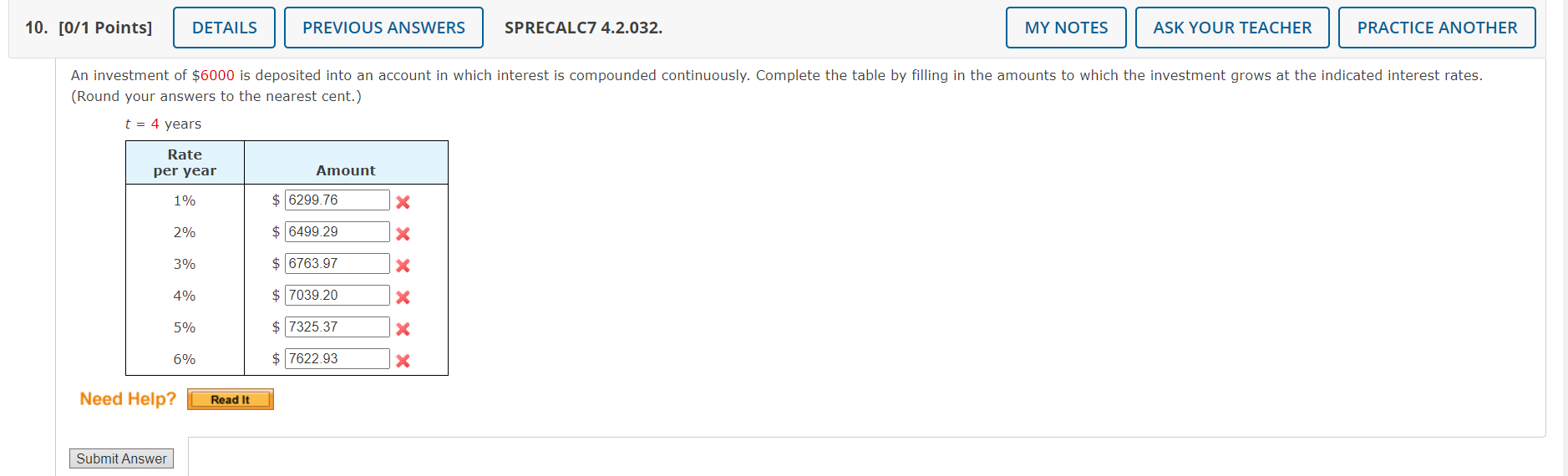 Solved (Round your answers to the nearest cent.)t=4 ﻿years | Chegg.com