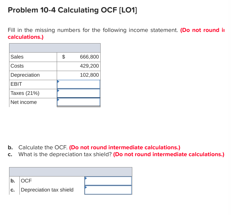 Solved Problem 10-4 Calculating OCF (LO1] Fill in the | Chegg.com