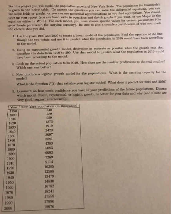 Solved For this project you will model the population growth | Chegg.com