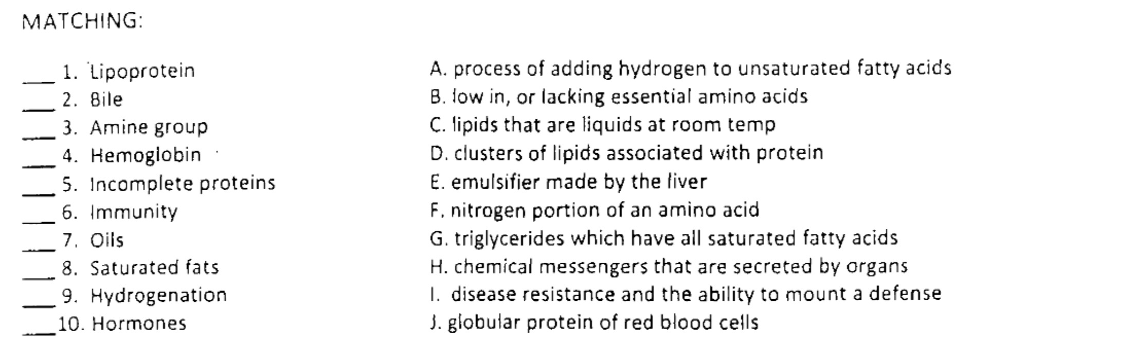 Solved MATCHING:LipoproteinBileAmine | Chegg.com