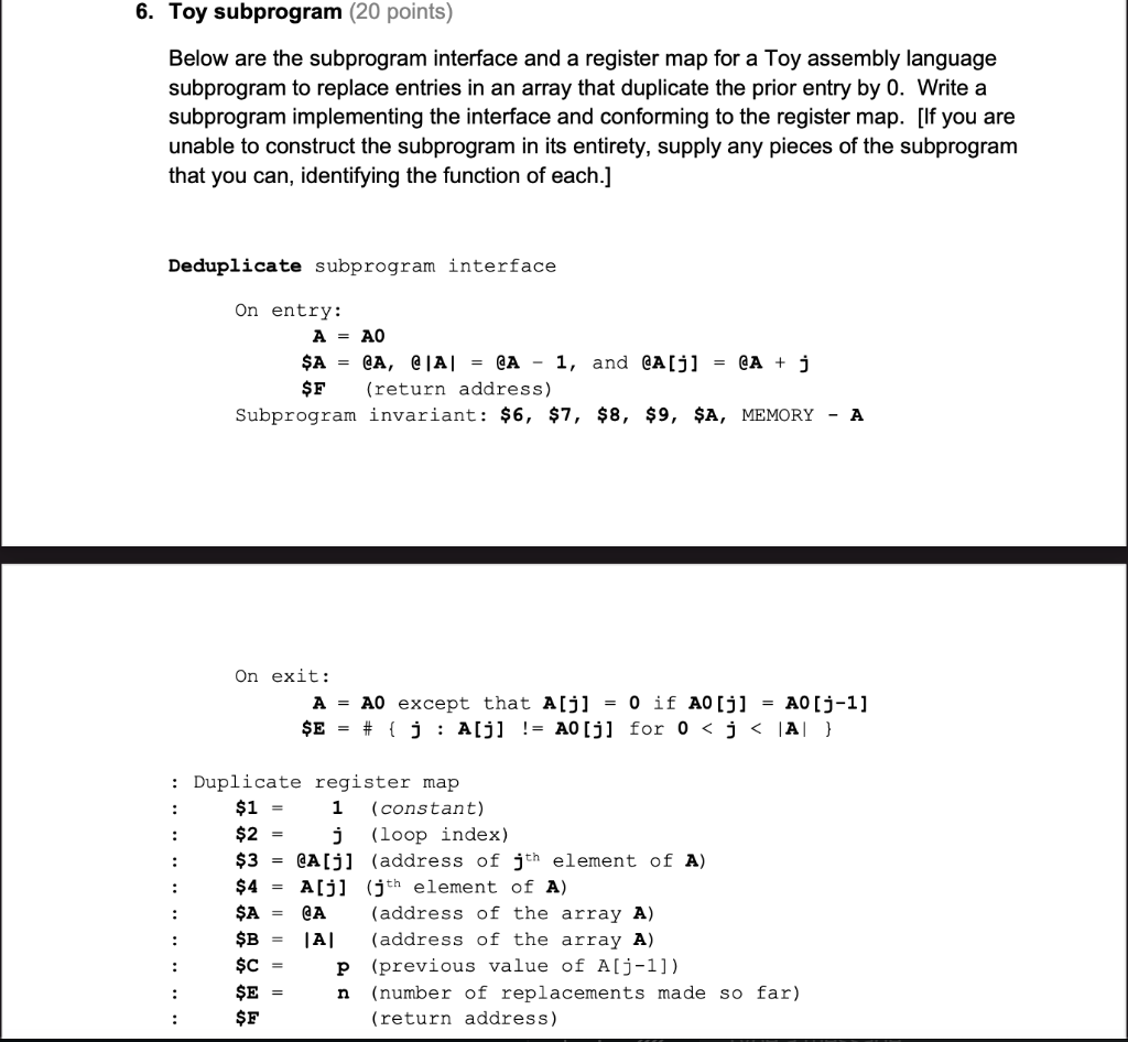 6. Toy subprogram (20 points) Below are the | Chegg.com