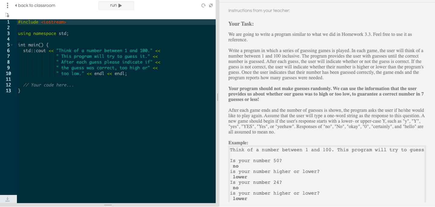 Solved back to classroom run Instructions from your teacher: | Chegg.com