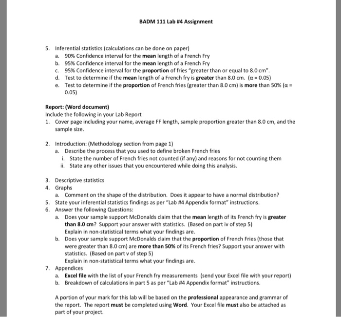 BADM 111 Lab #4 Assignment 5. Inferential statistics | Chegg.com