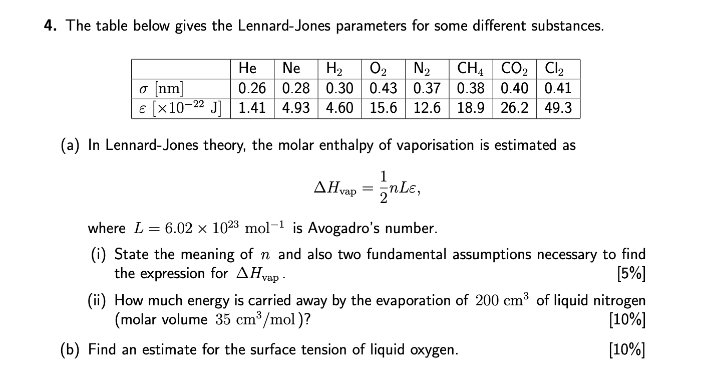 Solved 4. The table below gives the Lennard-Jones parameters | Chegg.com