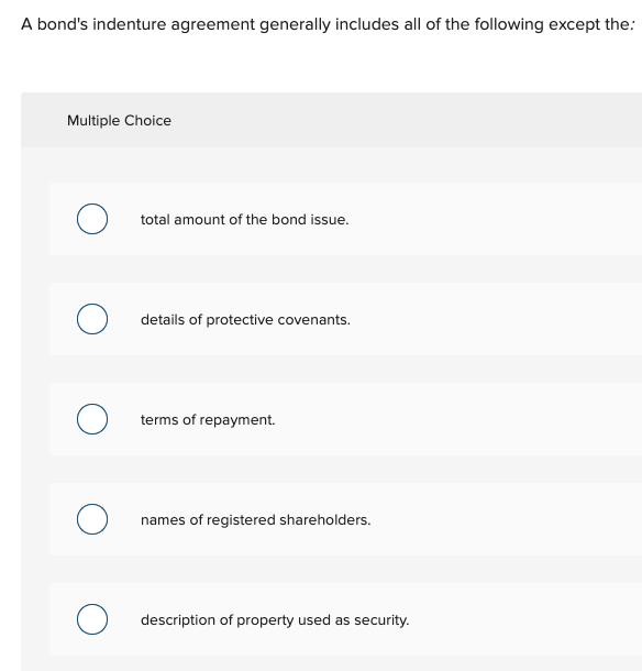 Solved A bond's indenture agreement generally includes all | Chegg.com