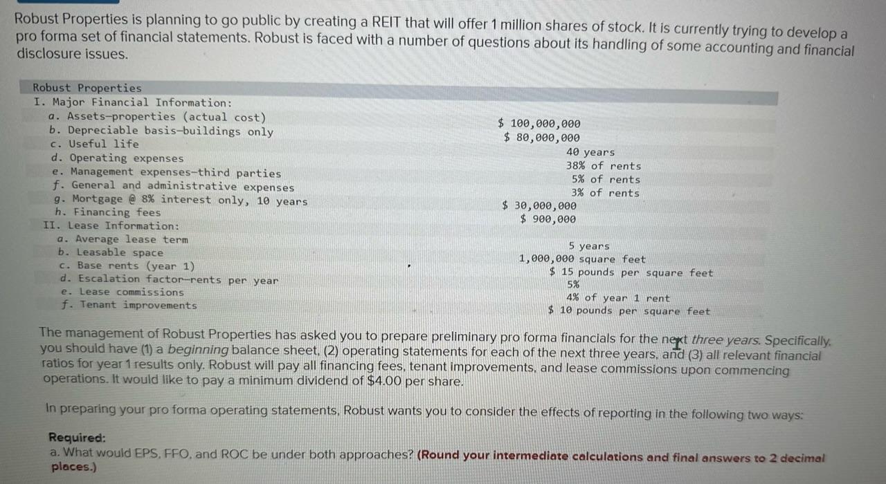 Solved Robust Properties is planning to go public by | Chegg.com