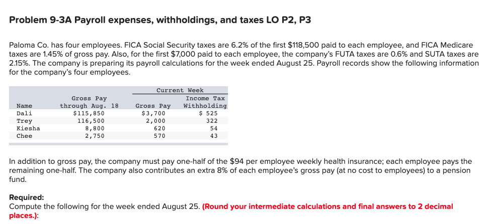 Solved Problem 9-3A Payroll expenses, withholdings, and | Chegg.com