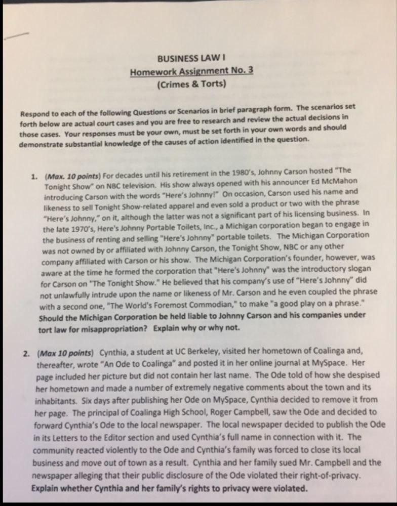 Solved BUSINESS LAWI Homework Assignment No. 3 (Crimes & | Chegg.com