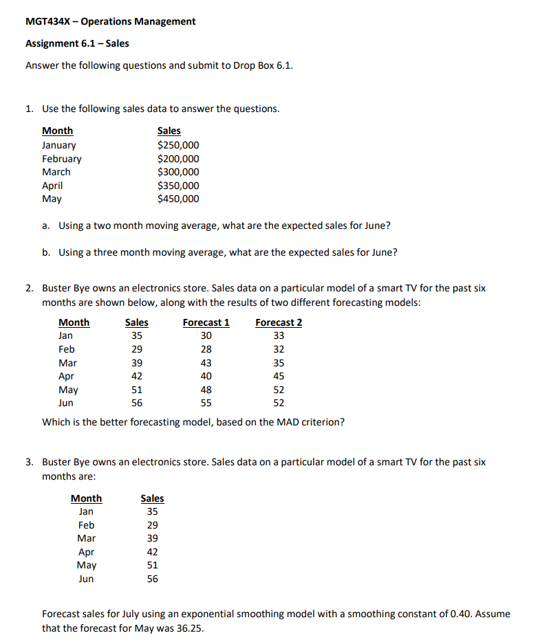 MGT434X - Operations Management Assignment 6.1 - | Chegg.com