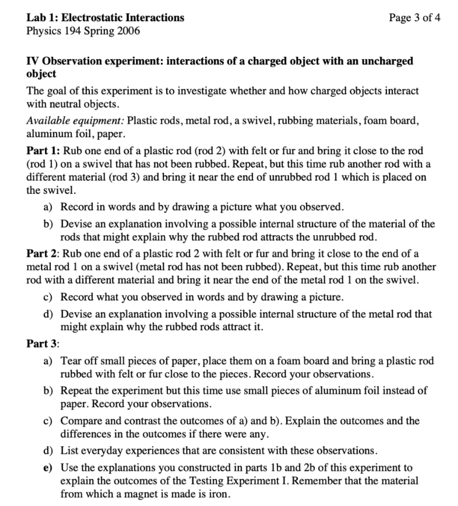 Lab 1: Electrostatic Interactions Physics 194 Spring | Chegg.com