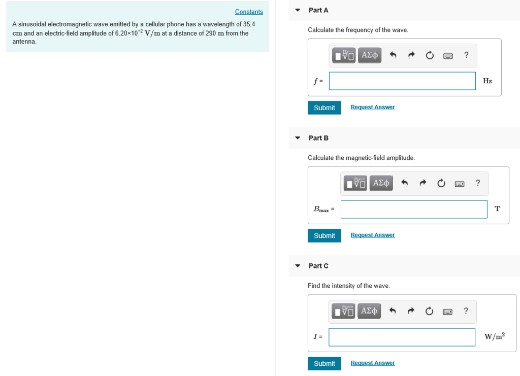 Solved Constants- Part A A sinusoidal electromagnetic wave | Chegg.com