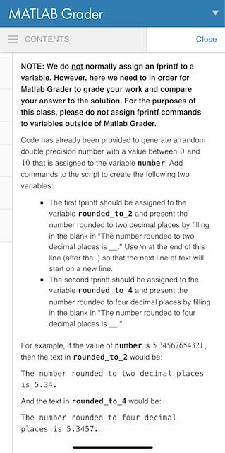 Solved MATLAB Grader CONTENTS Close NOTE: We do not normally | Chegg.com