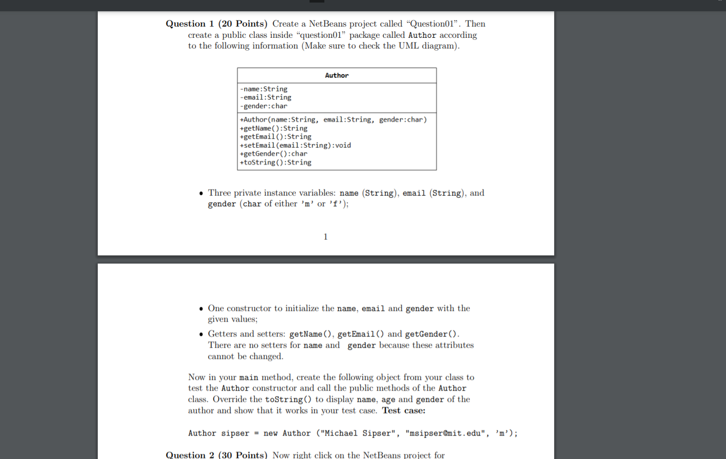 Solved Question 1 (20 Points) Create a NetBeans project | Chegg.com