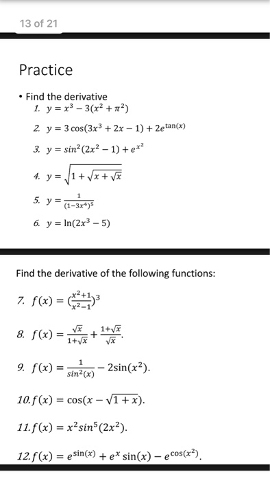 Find the derivative 1. y = x^3 - 3(x^2 + pi^2) 2. y | Chegg.com