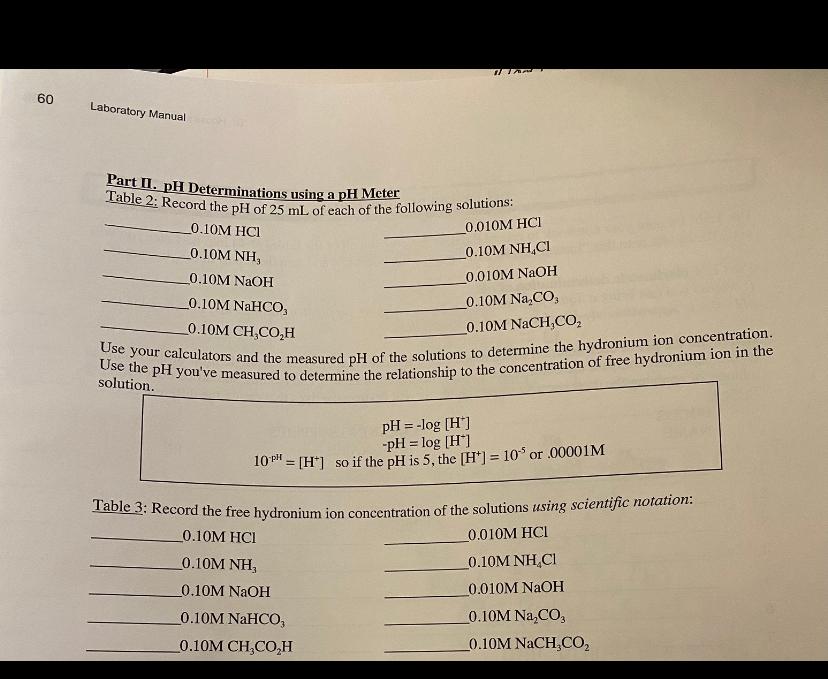 Solved Part II. pH Determinations using a pH Meter Table 2: | Chegg.com