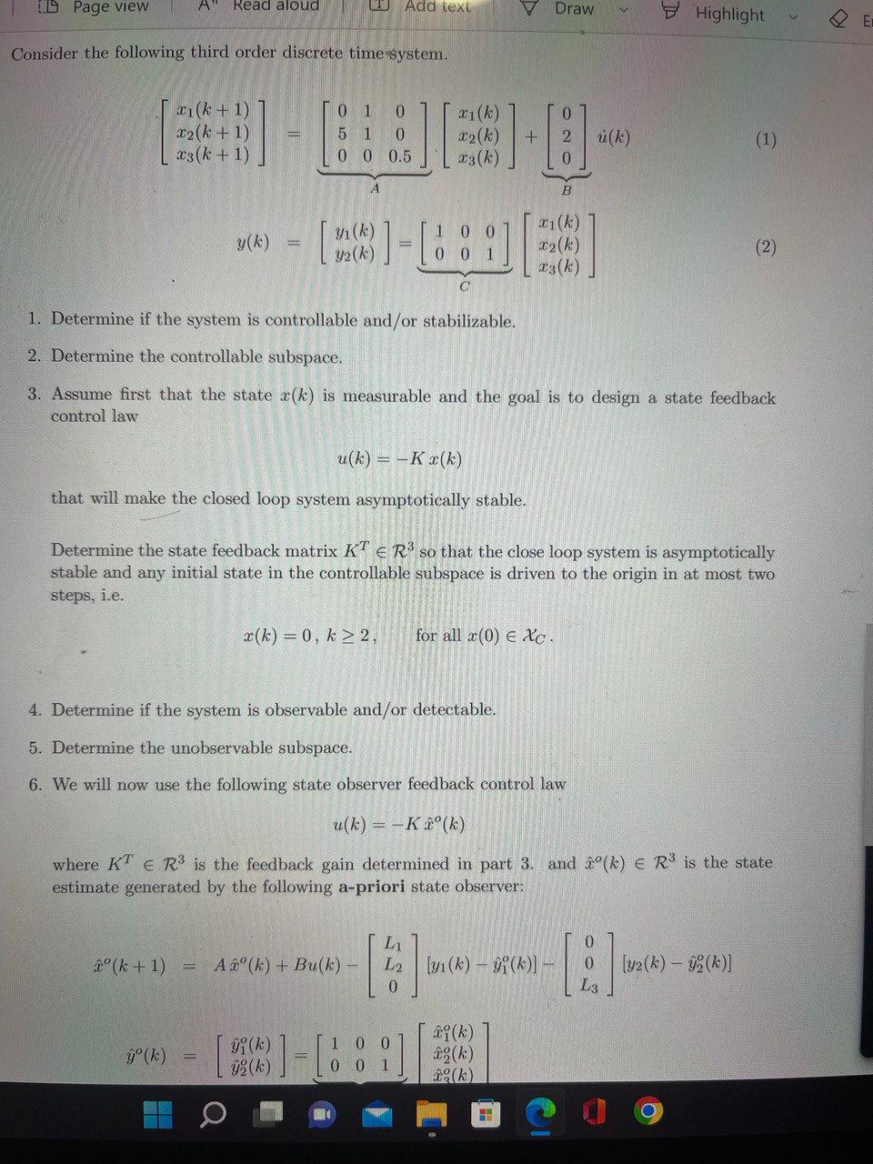 Consider the following third order discrete time | Chegg.com