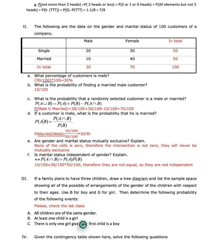 Solved I. In the experiment of tossing a coin 3 times and | Chegg.com
