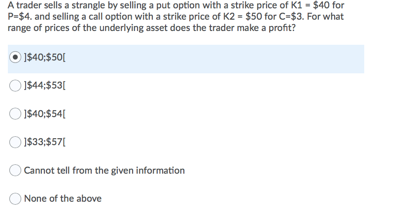 Solved A trader sells a strangle by selling a put option | Chegg.com