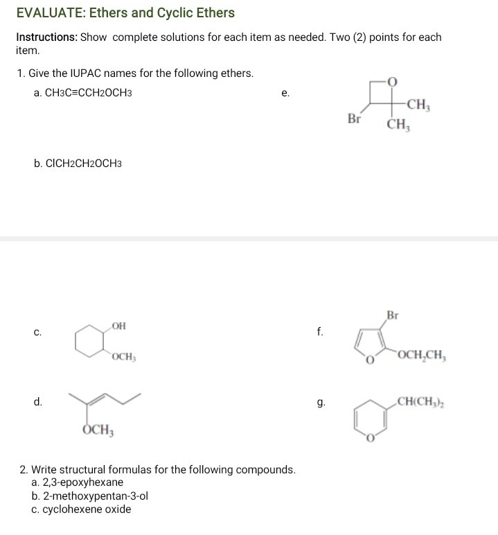 Solved EVALUATE: Ethers and Cyclic Ethers Instructions: Show | Chegg.com