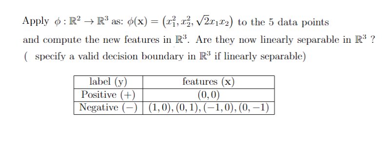 Solved Apply ϕ:R2→R3 as: ϕ(x)=(x12,x22,2x1x2) to the 5 data | Chegg.com