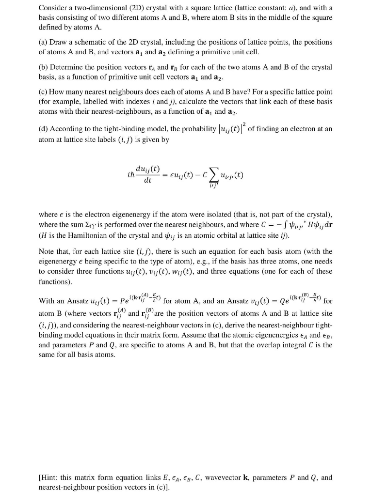 Consider a two-dimensional (2D) crystal with a square | Chegg.com