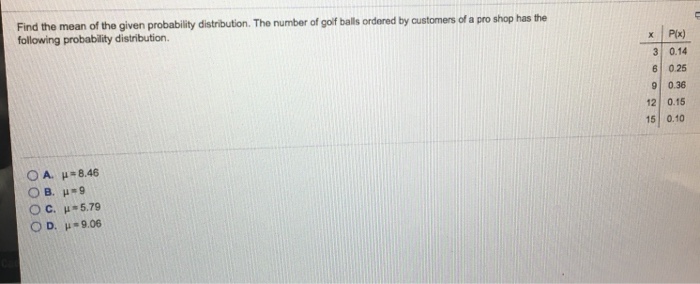 Solved Find the mean of the given probability distribution. | Chegg.com
