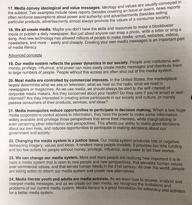 1. Media construct our culture. Our society and | Chegg.com