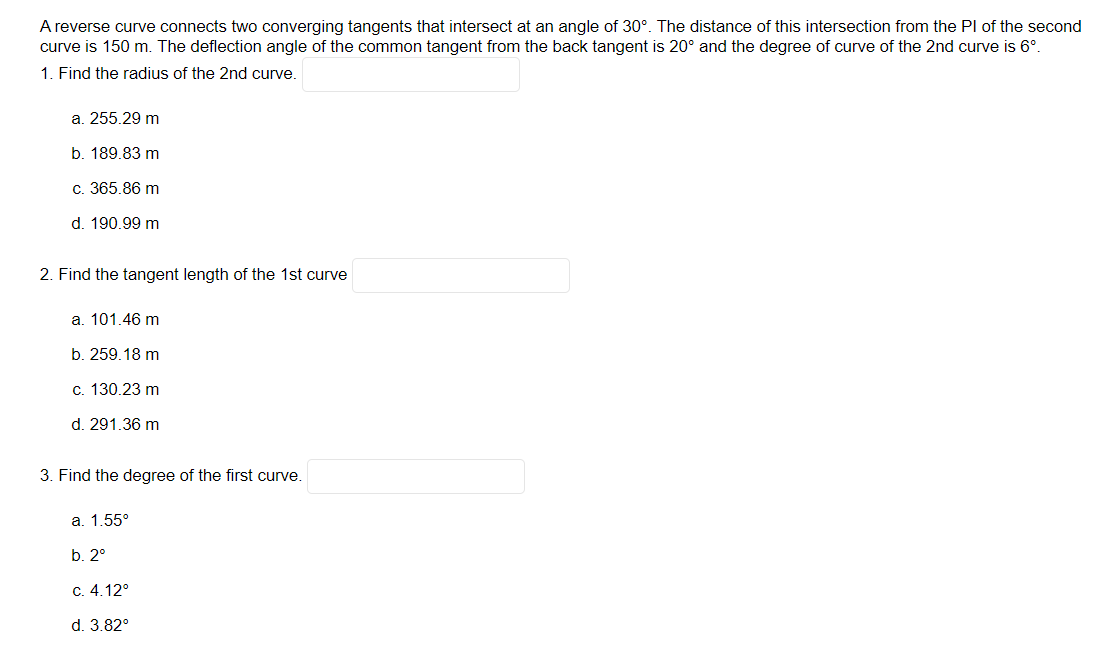 Solved A reverse curve connects two converging tangents that | Chegg.com