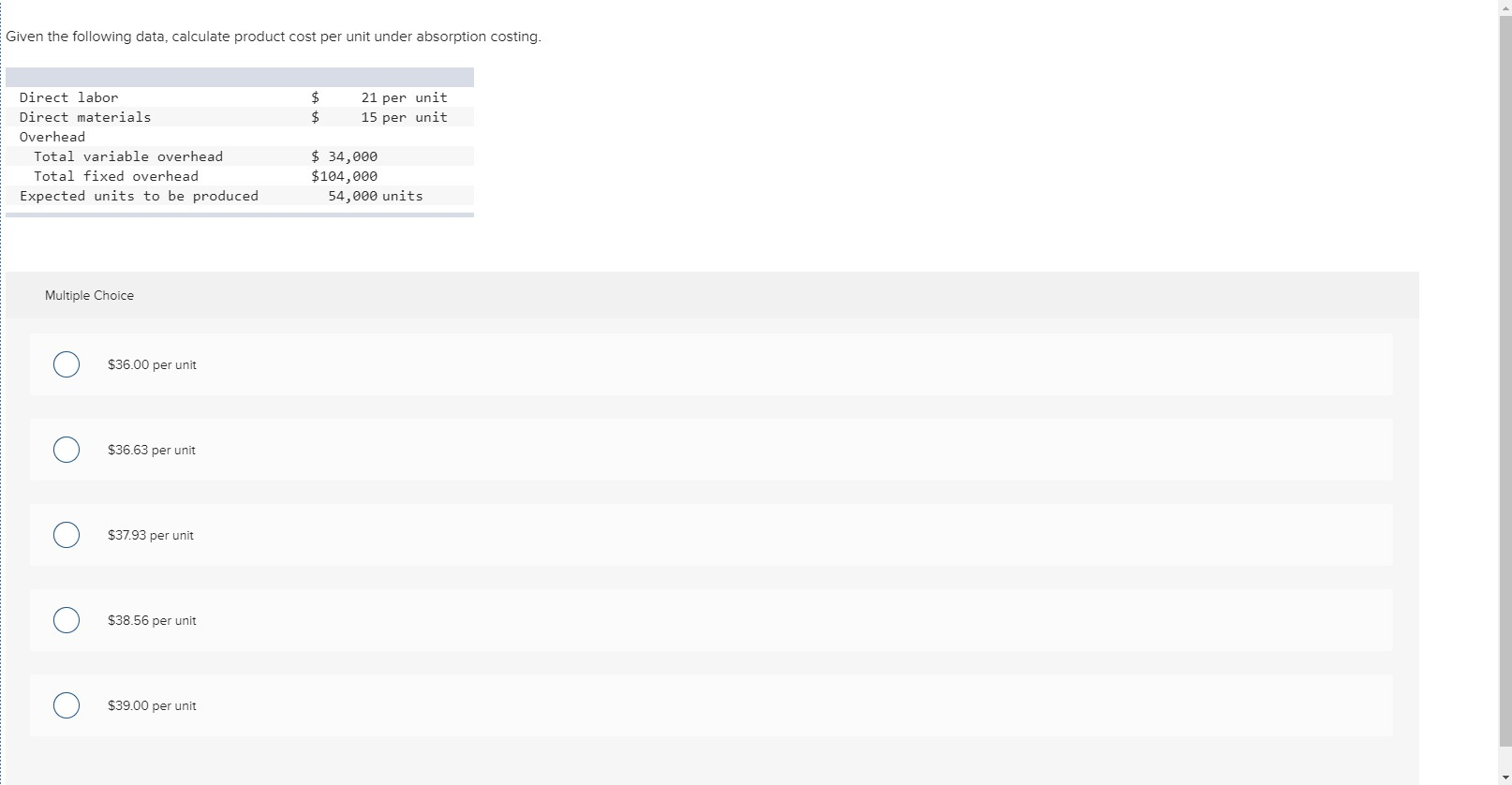 Solved Given the following data, calculate product cost per | Chegg.com