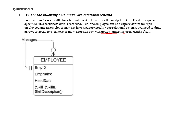 [Solved]: 1. Q3. For the following ERD, make 3NF relationa