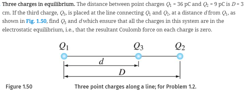 Solved Three charges in equilibrium. The distance between | Chegg.com